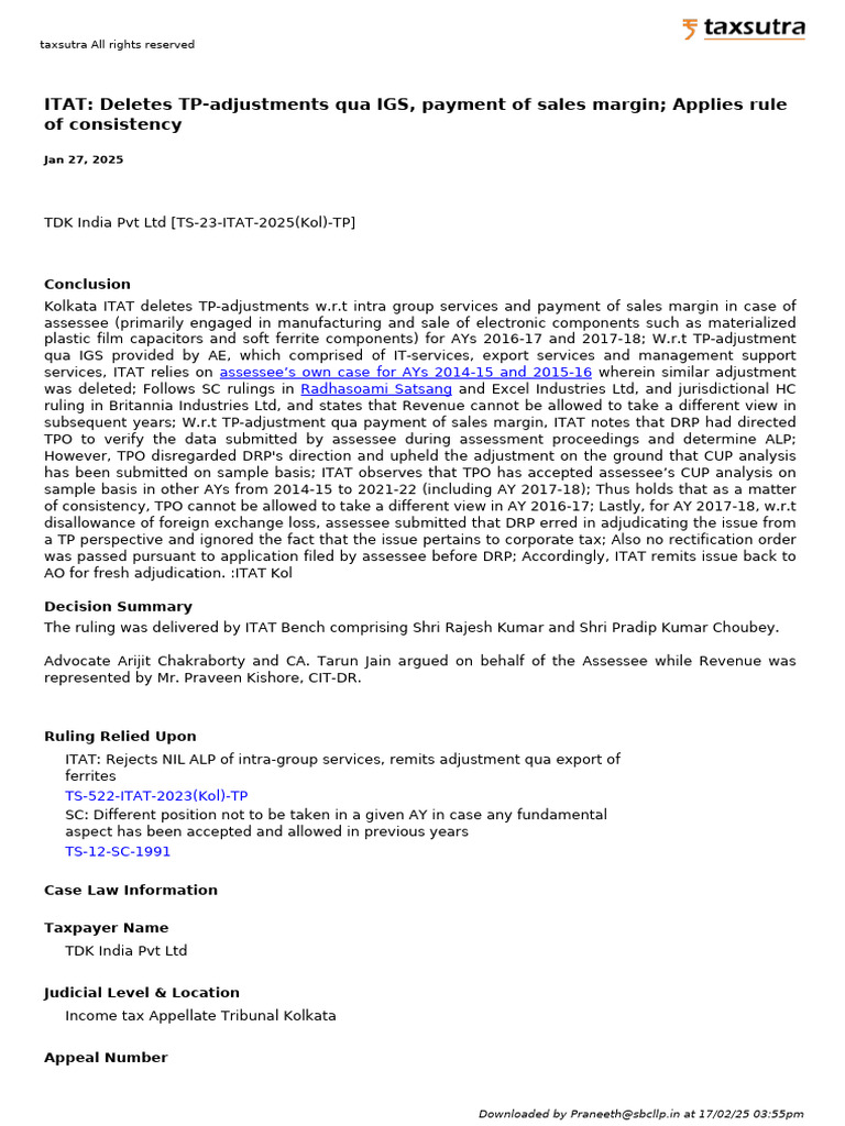 TS-23-ITAT-2025Kol-TP-TDK India PVT LTD 22 01 2025 | PDF | Logistics | Prices