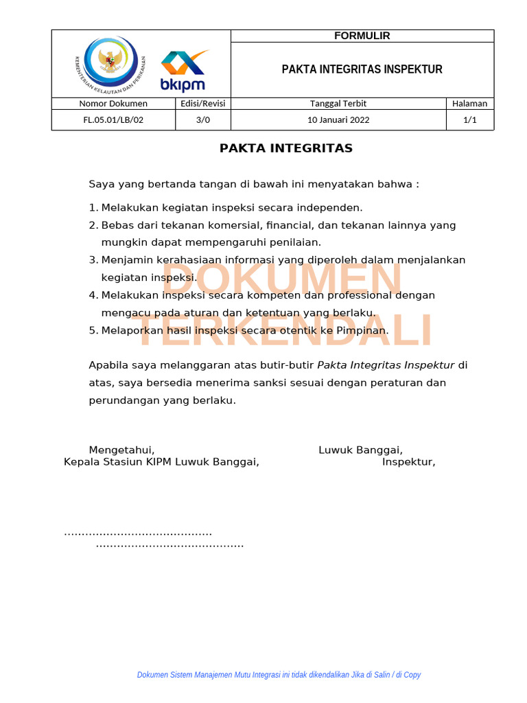 FL.05.01 LB 02 Pakta Integritas Inspektur | PDF