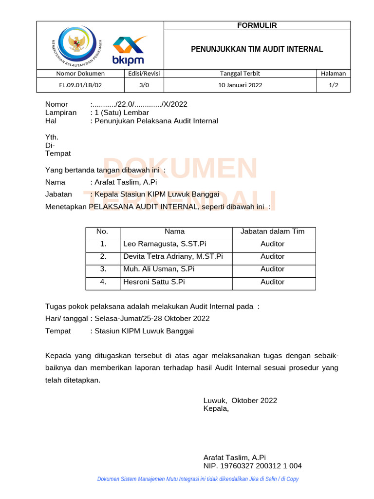 FL.09.01 LB 02 Penunjukan Tim Audit Internal | PDF