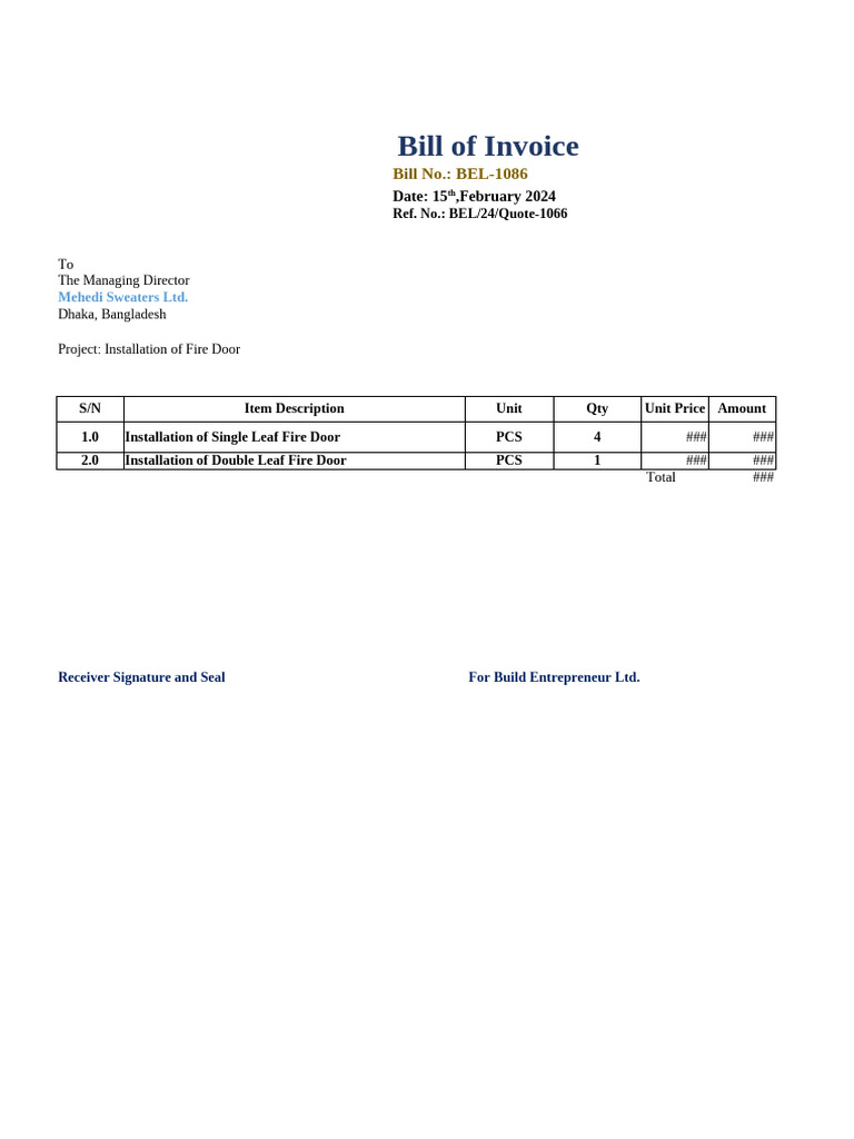 Fire Door Installation Invoice BEL-1086 | PDF