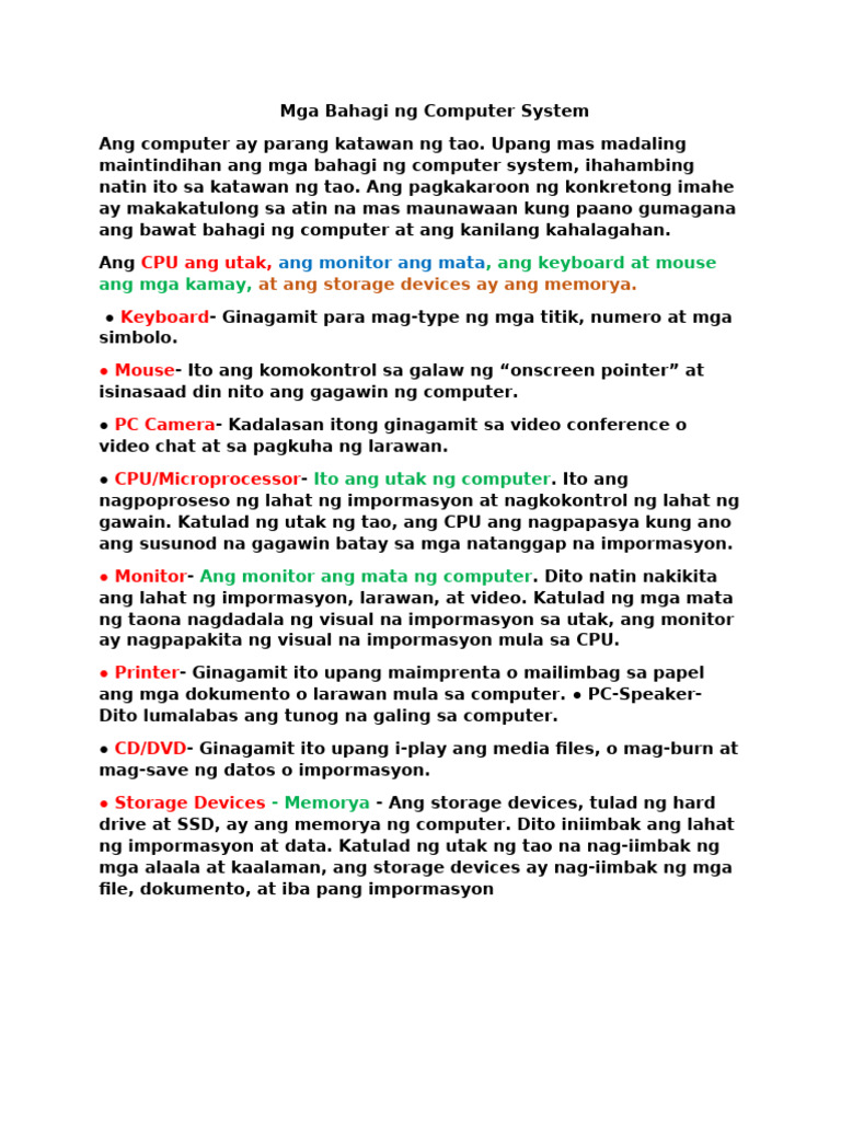 Mga Bahagi NG Computer System | PDF