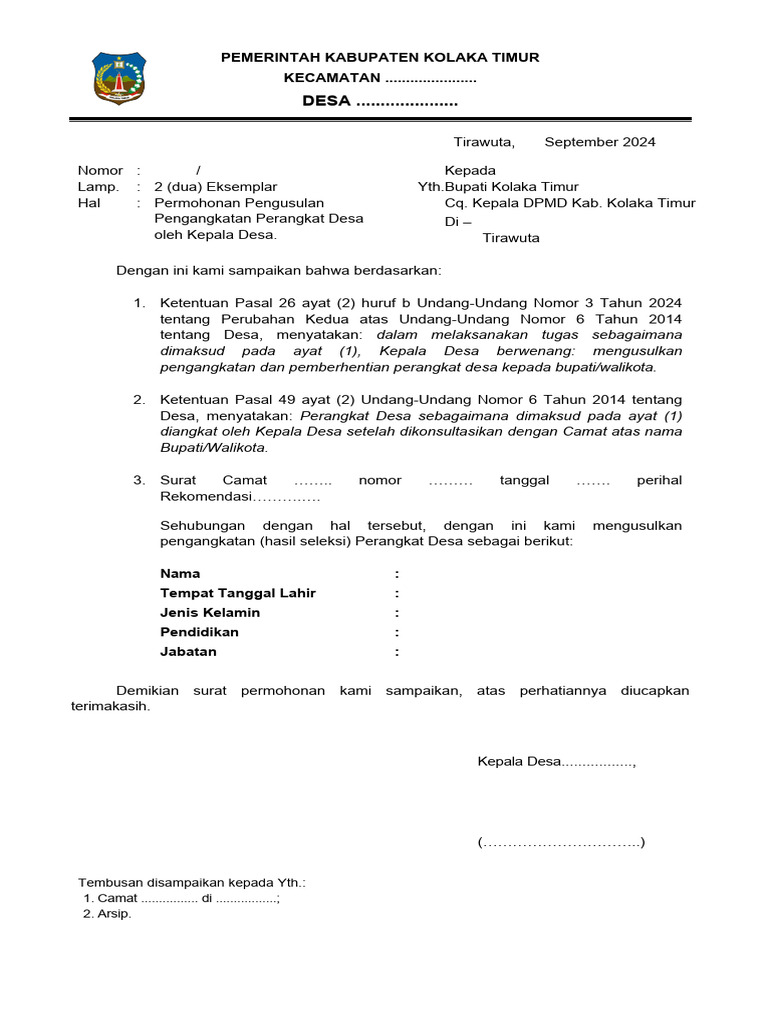 Contoh Usulan Pengangkatan - Pemberhentian Perangkat Desa | PDF