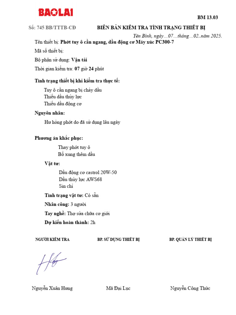 BBTT-745 Máy xúc PC300-7 Vận tải 07-02-2025 | PDF