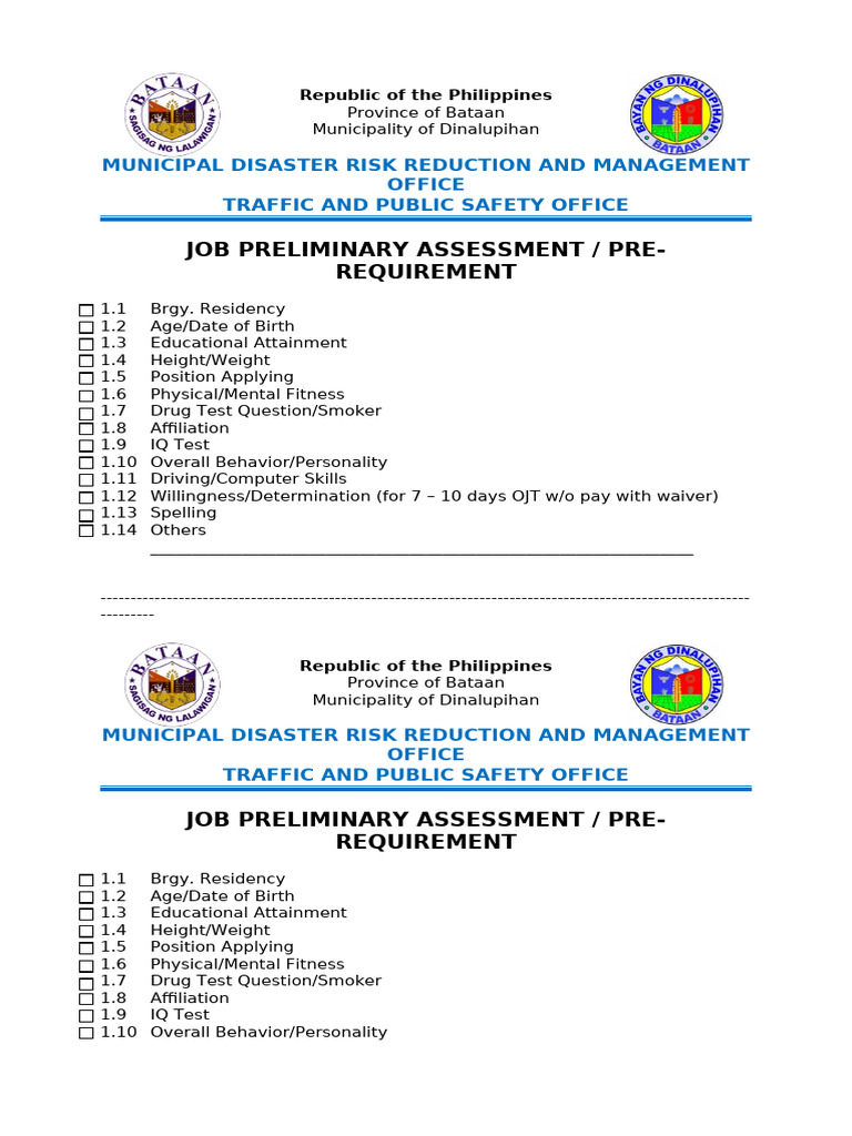 Dinalupihan Job Assessment Requirements | PDF