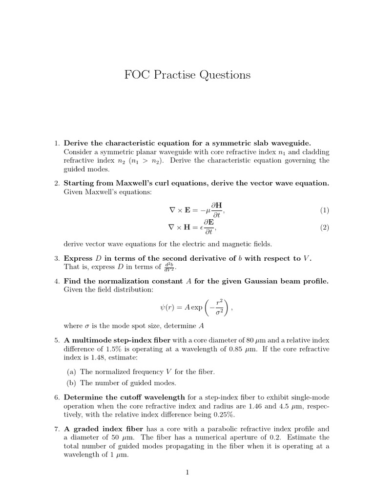 FOC Waveguide Practice Questions | PDF
