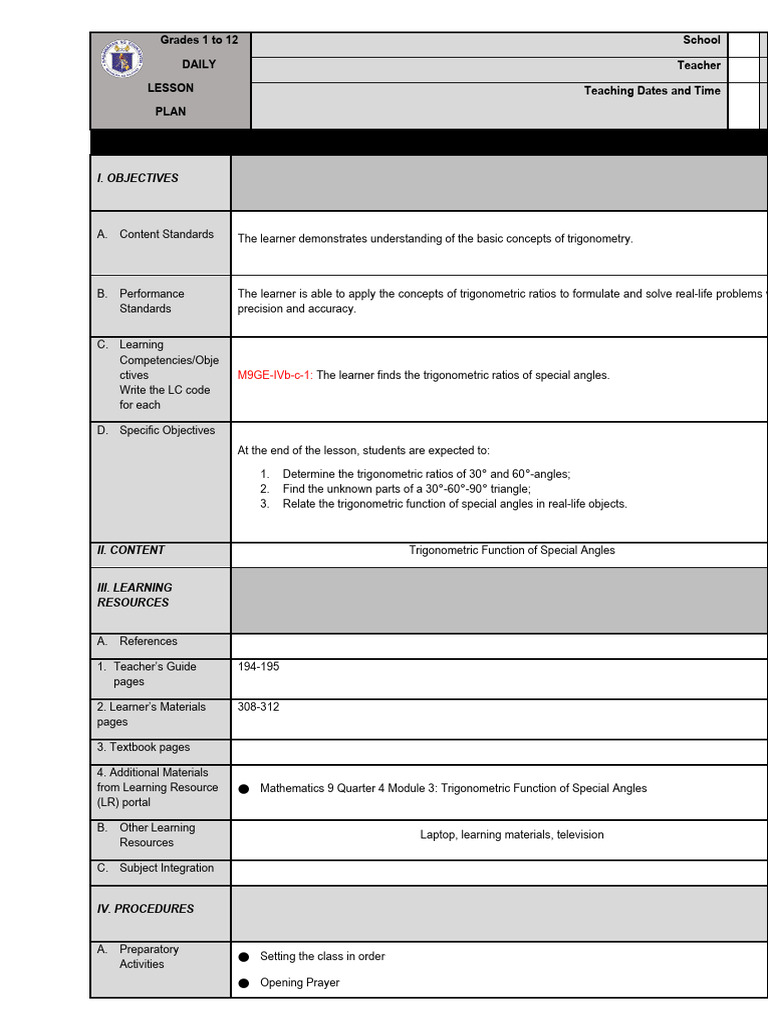 Trigonometric Ratios Lesson Plan | PDF | Trigonometry | Mathematics