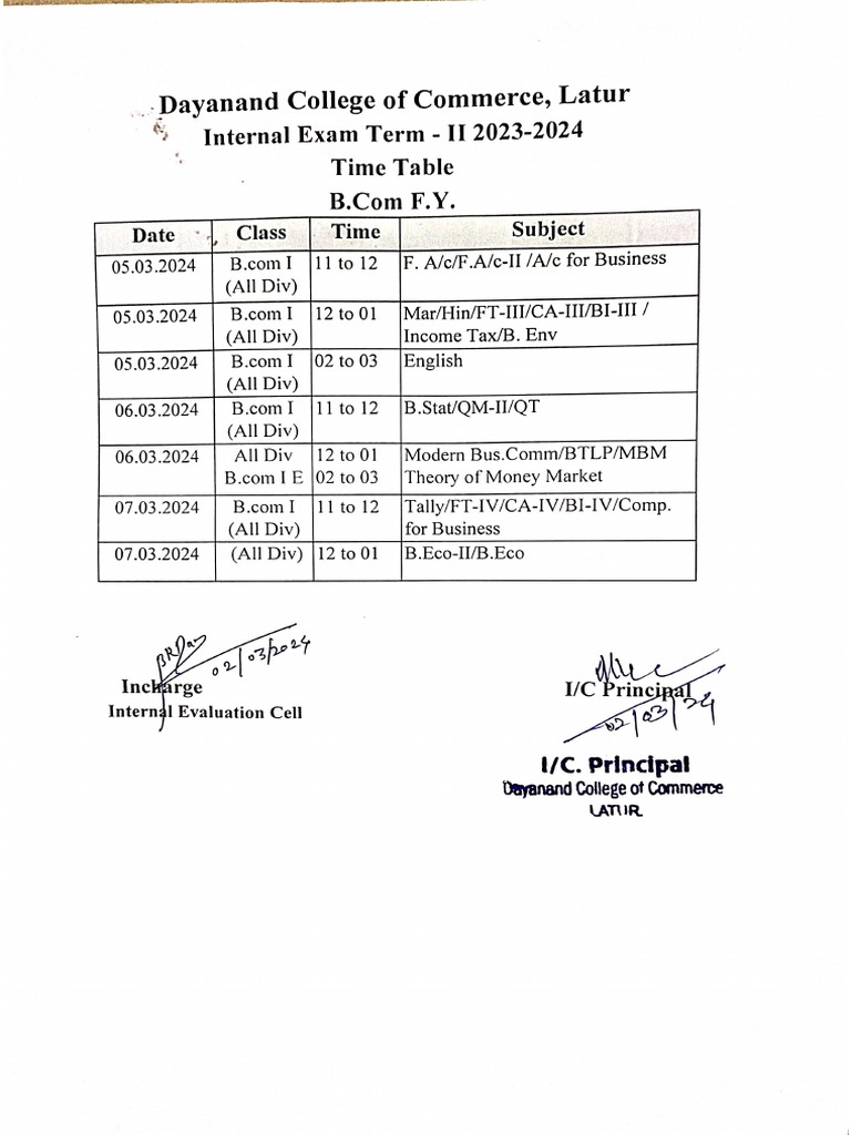 Internal Exam Time Table | PDF