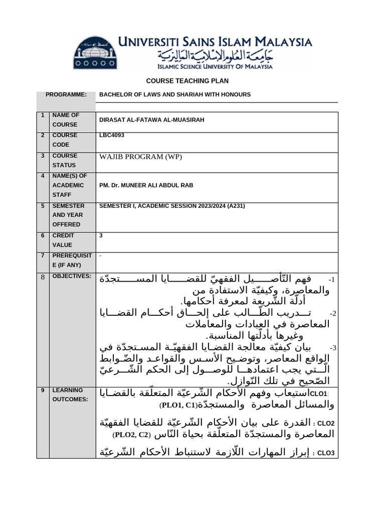 COURSE TEACHING PLAN (CTP) A231 LBC4093 Dirasat Al-Fatawa Al-Muasirah | PDF