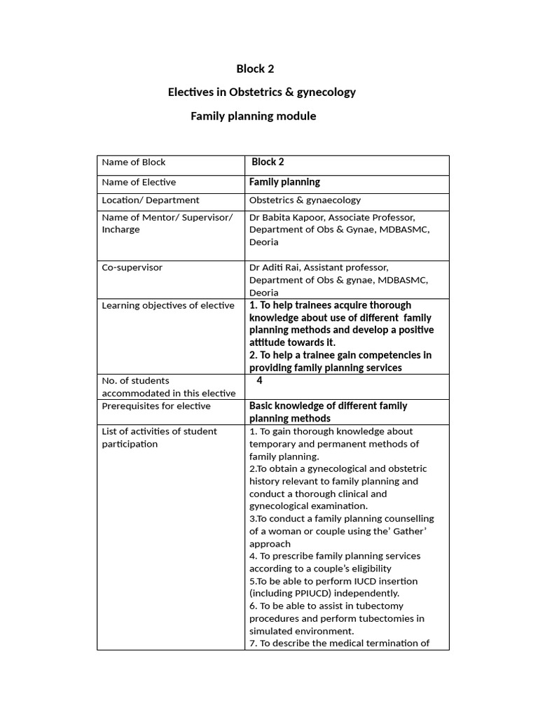 Family Planning Elective Module, OBGY | PDF | Gynaecology | Abortion