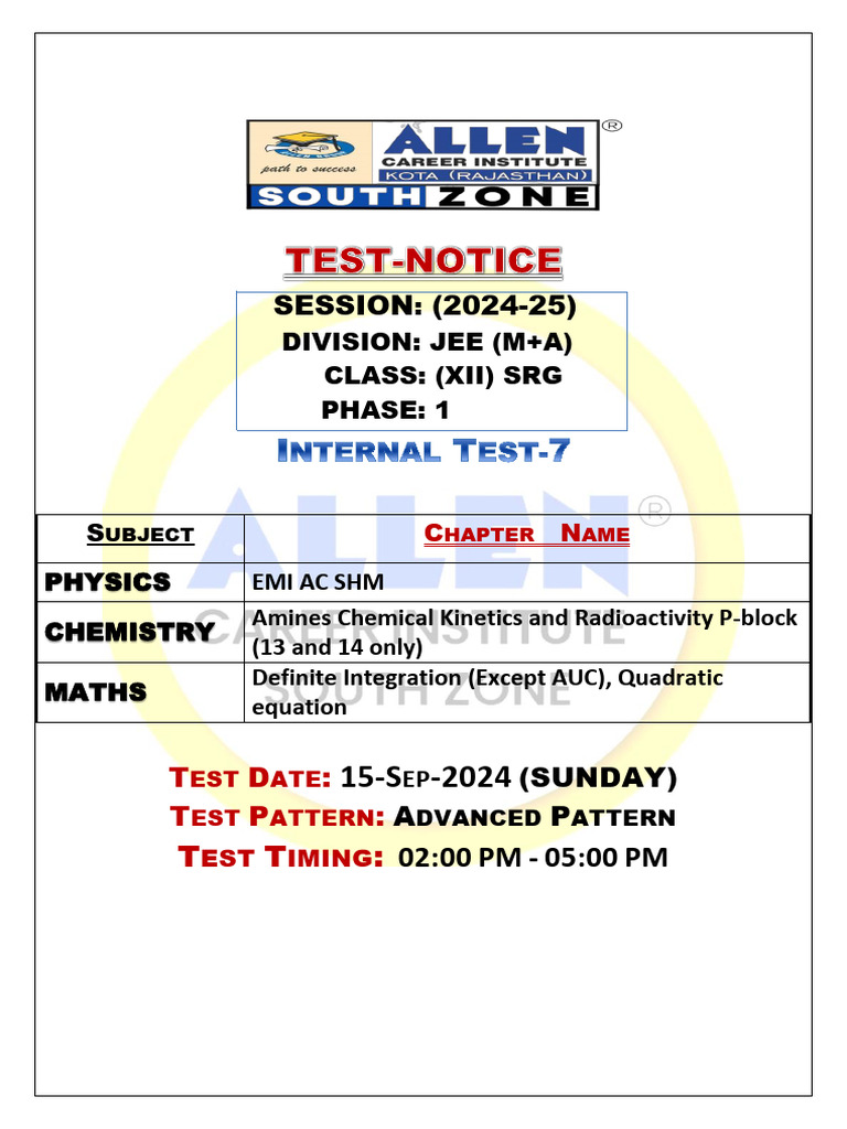 JEE (M+A) IT-7 Enthu (SRG) PH-1 15-Sep-2024 (2024-25) Notice | PDF