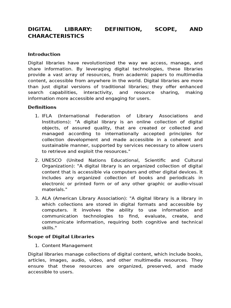 Digital Library - Definition, Scope, and Characteristics | PDF | Digital Library | Libraries