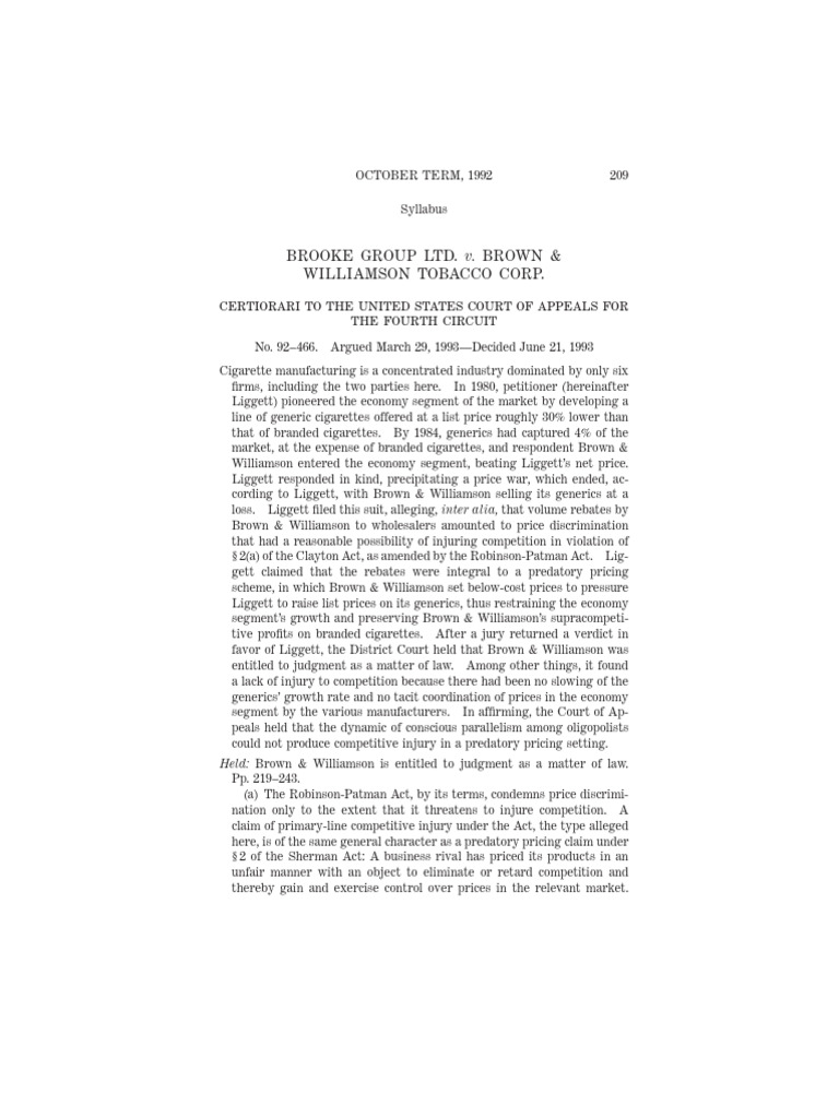 Brooke Group v. Brown & Williamson Case Summary | PDF | Oligopoly ...