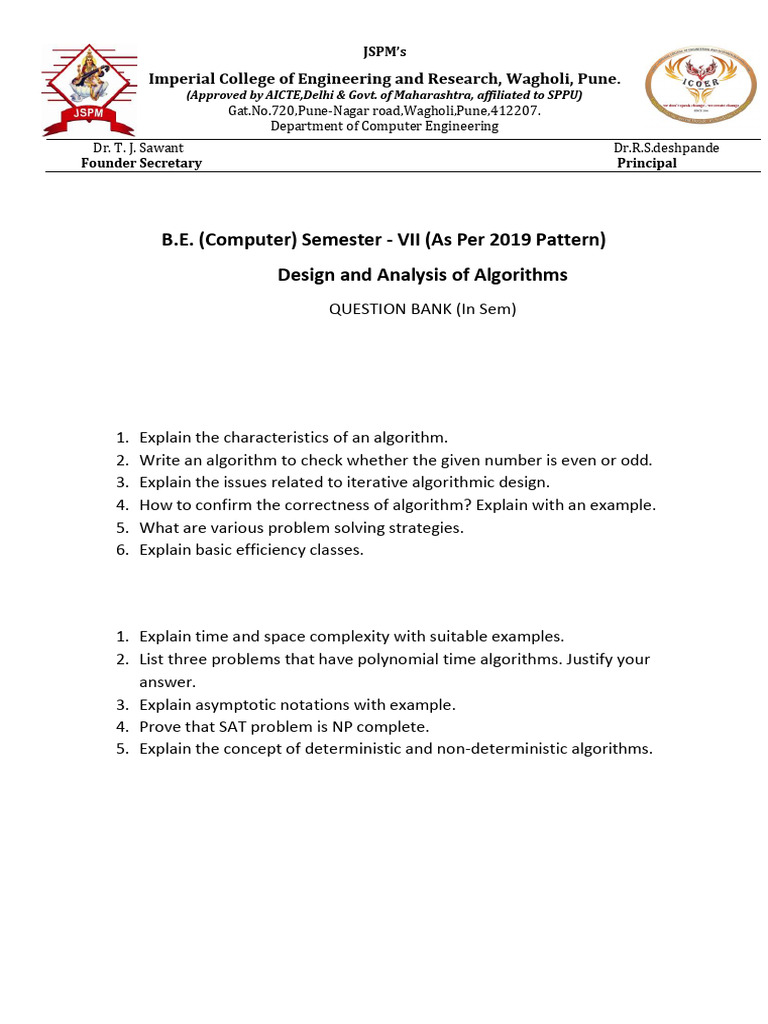Computer Engineering Algorithm Question Bank | PDF