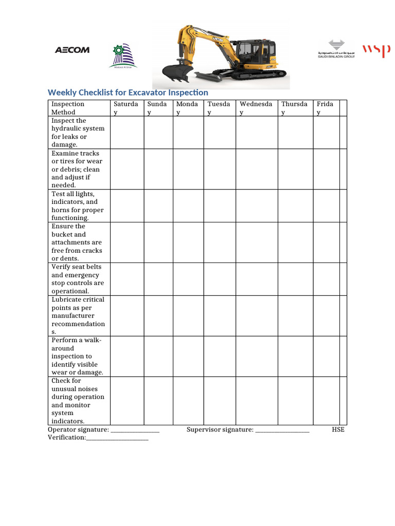 Mini Excavator Weekly Inspection Checklist | PDF