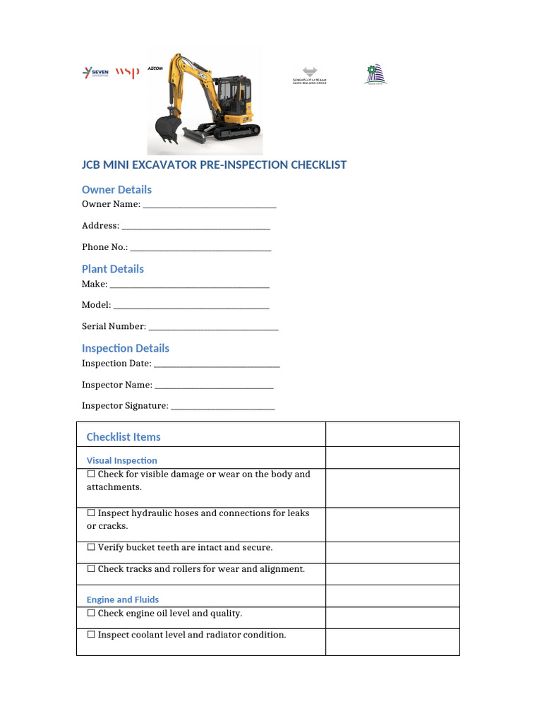 JCB Mini Excavator Pre-Inspection Checklist | PDF