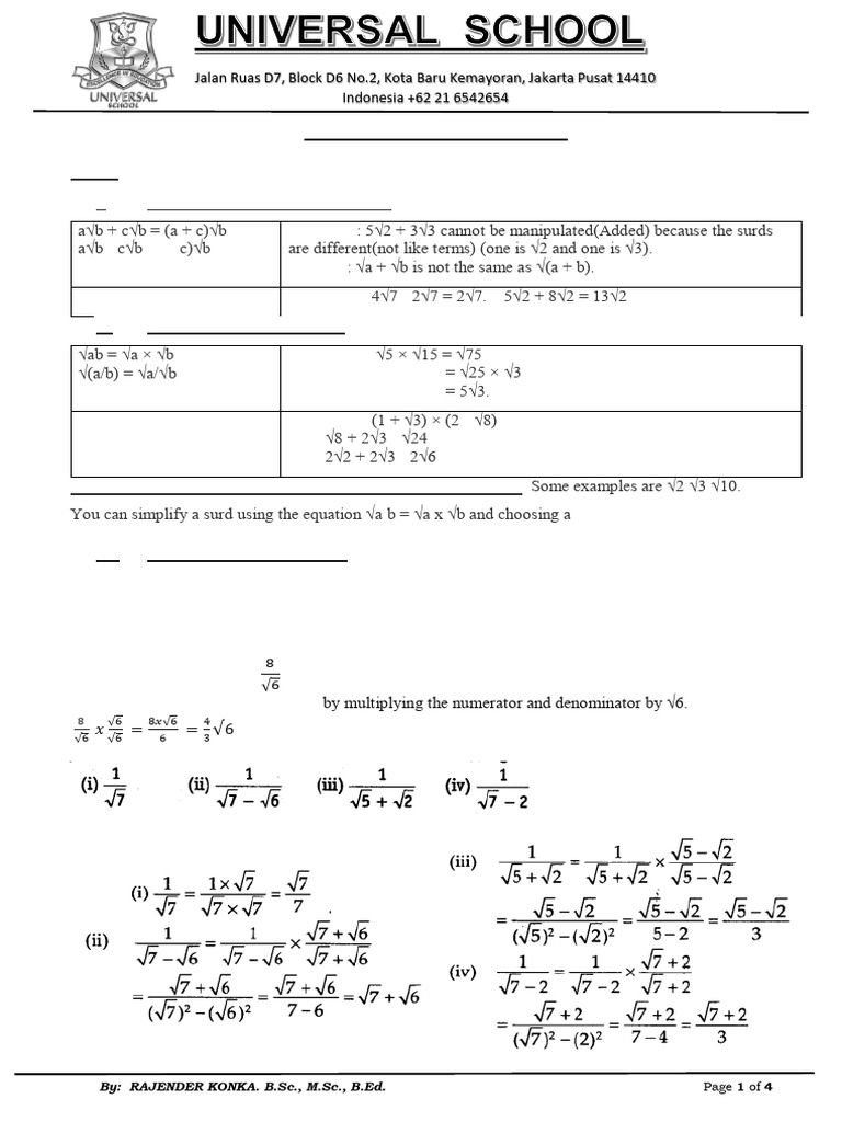 Surds: Operations and Rationalization Guide | PDF | Mathematical ...