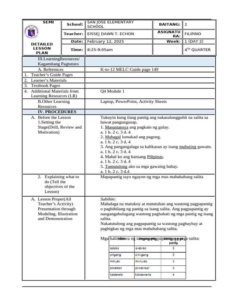 Grade 2 Filipino Lesson Plan | PDF | Teachers | Behavior Modification
