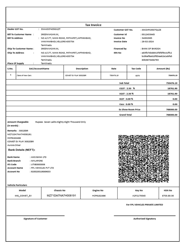 SREENIVASAN.M RTO Invoice Chennai (Without Disc & TCS) V2 | PDF | Economy Of India | Bharatiya ...