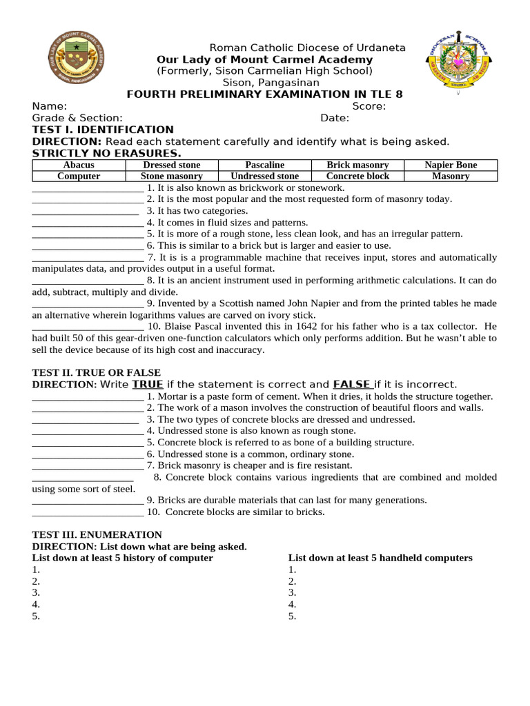 4TH Preliminary Exam Grade 8 | PDF | Masonry