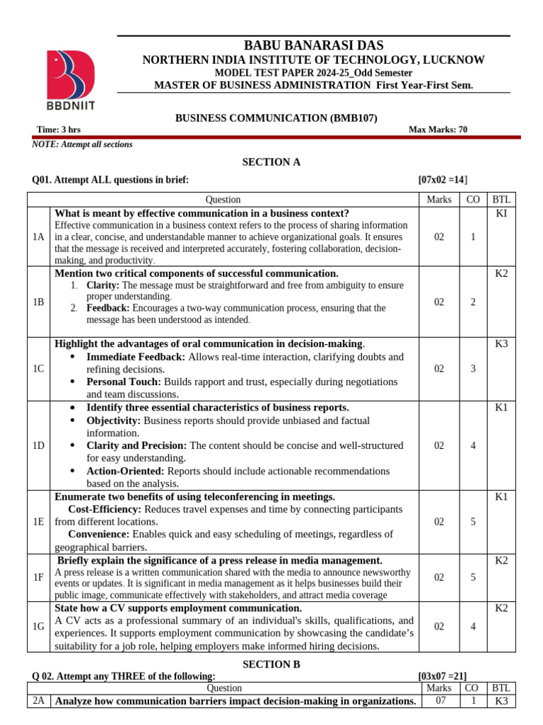 MBA Business Communication Test Paper | PDF | Communication | Infographics