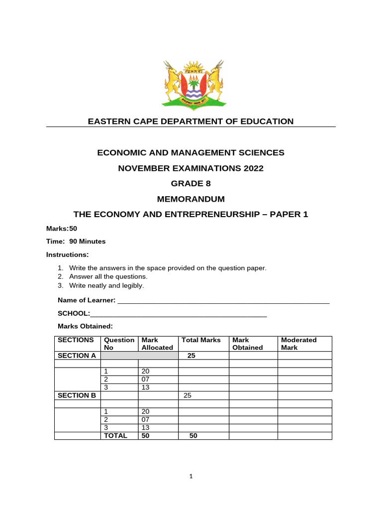 3 Ems Nov Grade 8 Memo Paper 1 2021 Econ | PDF | Sole Proprietorship | Economies