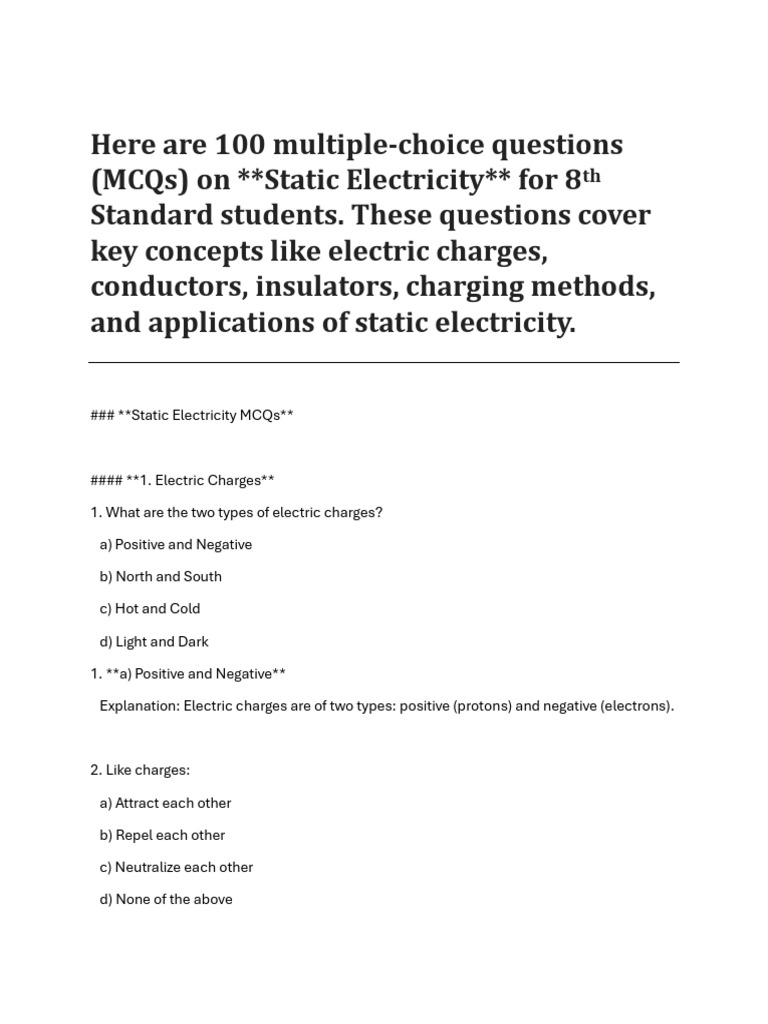 Static Electricity MCQs for 8th Grade | PDF | Ion | Electric Charge