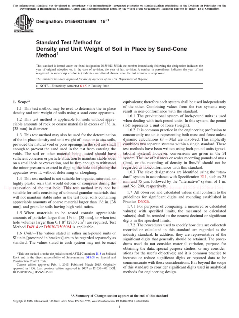 ASTM D1556 D1556M 15e1 | PDF | Density | Sand