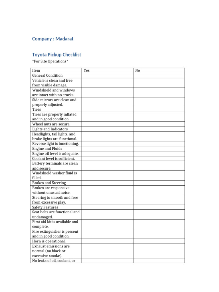 Toyota Pickup Checklist | PDF