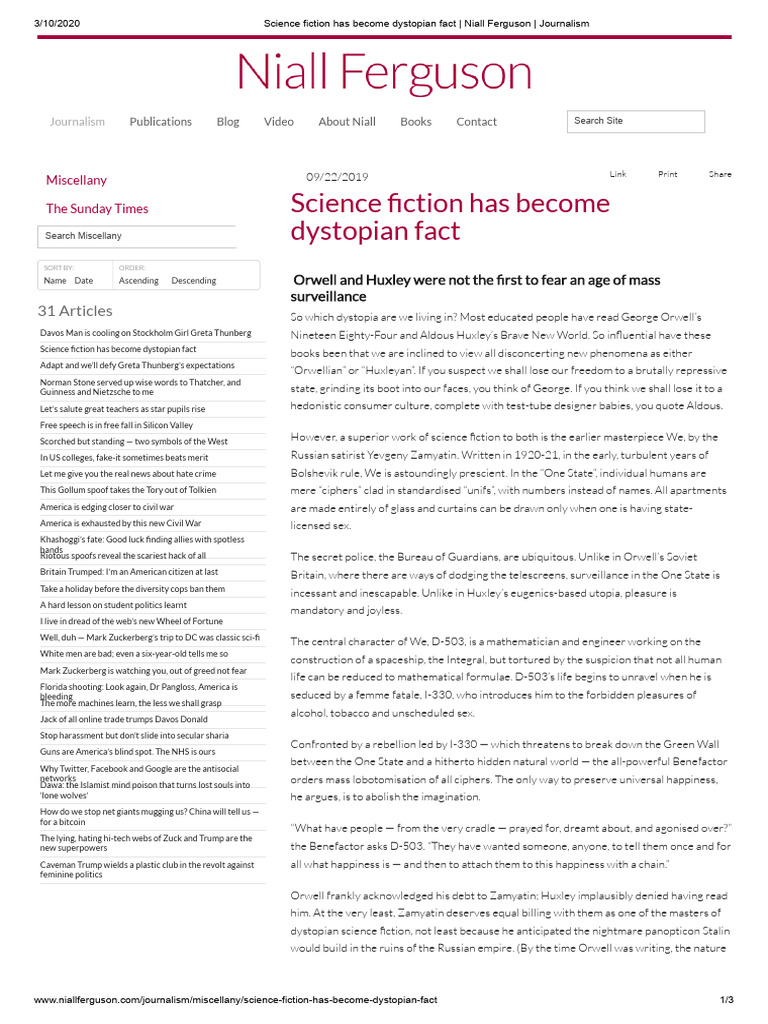 Science Fiction Has Become Dystopian Fact - Niall Ferguson - Journalism ...