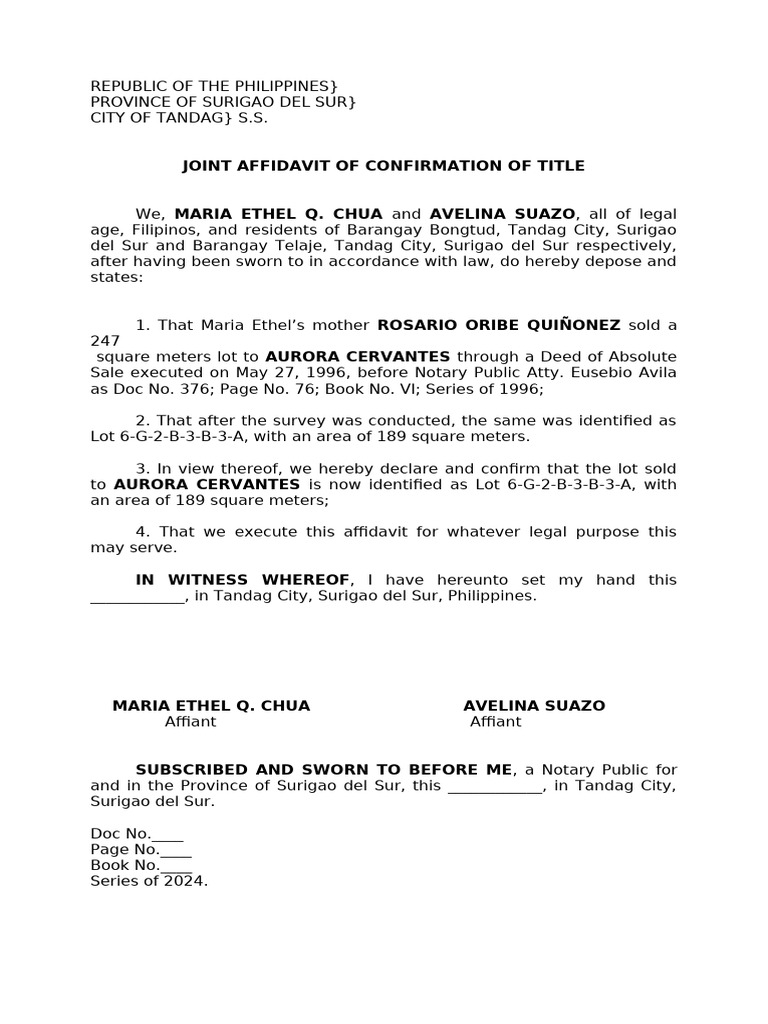 Joint Affidavit of Confirmation (Rosario) | PDF