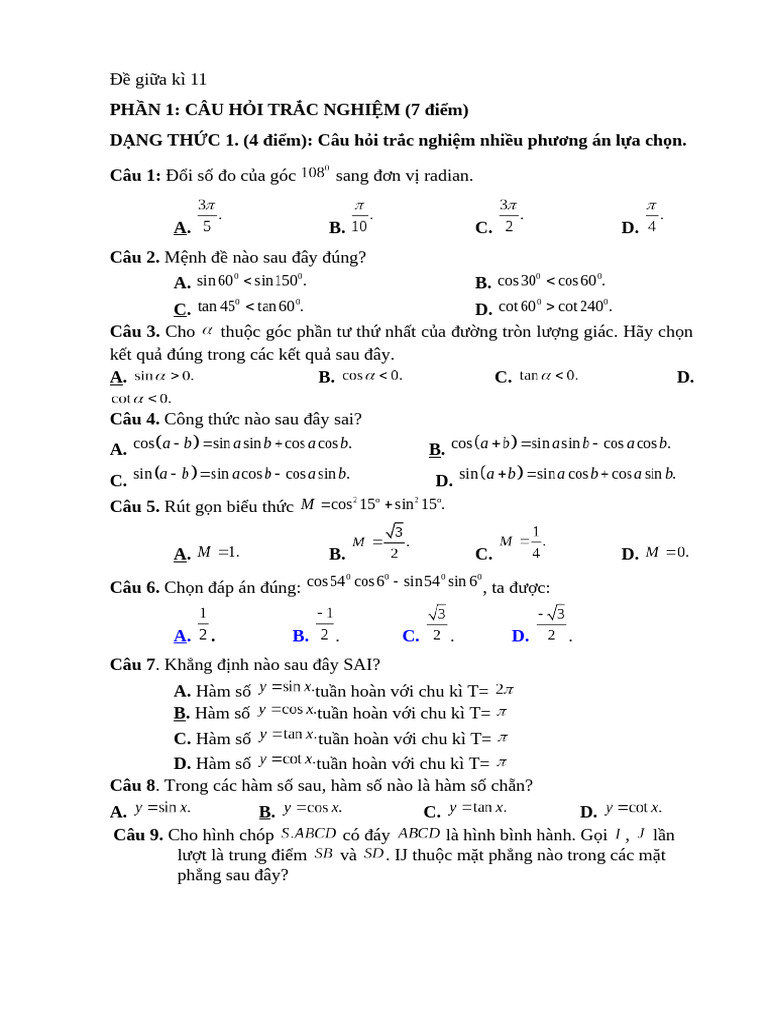 Đề Giữa Kì 11 Thành Đáp Án Chuẩn | PDF