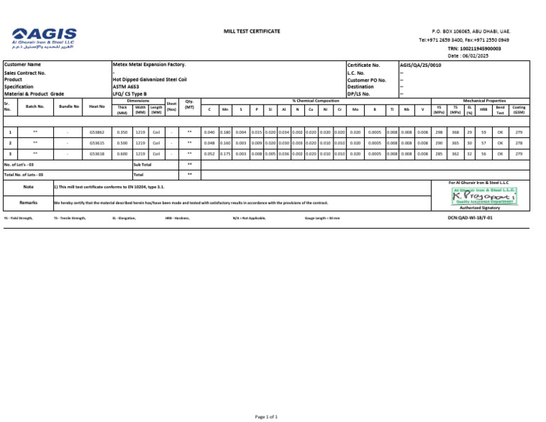 10- 25-Sample MTC-10-Steel Traders ASTM A653 CSB-06.02.2025 | PDF | Building Engineering | Metals