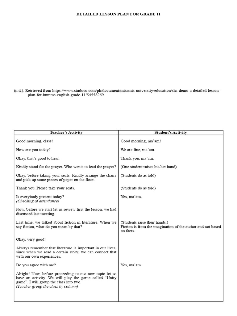 Detailed Lesson Plan For Grade 11 Humss | PDF | Lesson Plan
