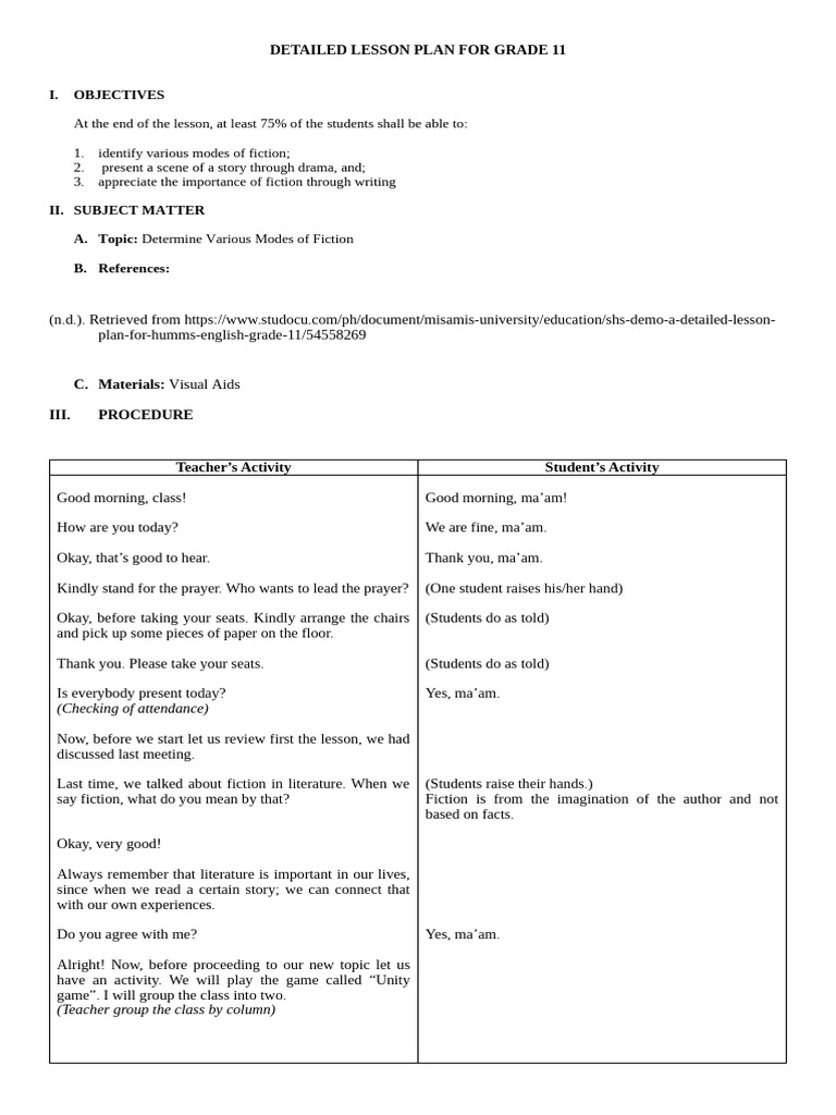 Detailed Lesson Plan For Grade 11 Humss | PDF | Lesson Plan