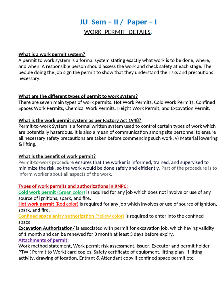 JU Sem II Paper I Work Permit Details | PDF | Occupational Safety And ...