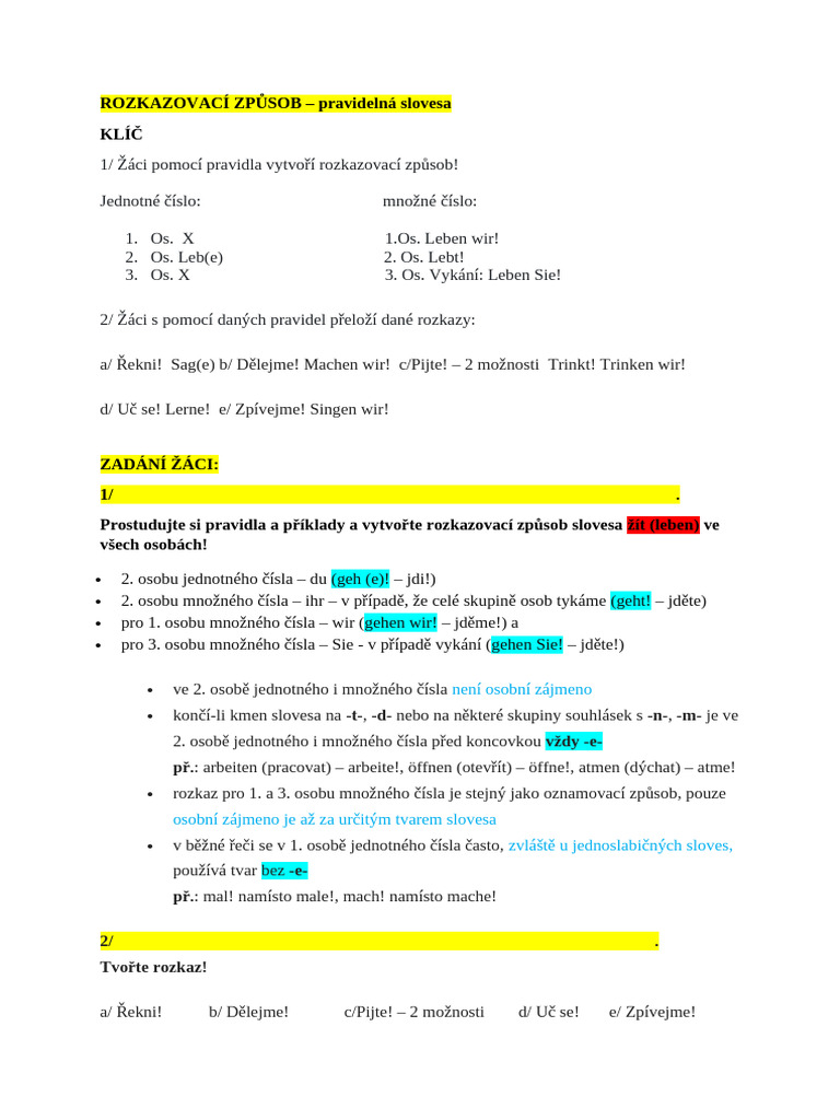 Prac. List - Rozkazovací Způsob | PDF