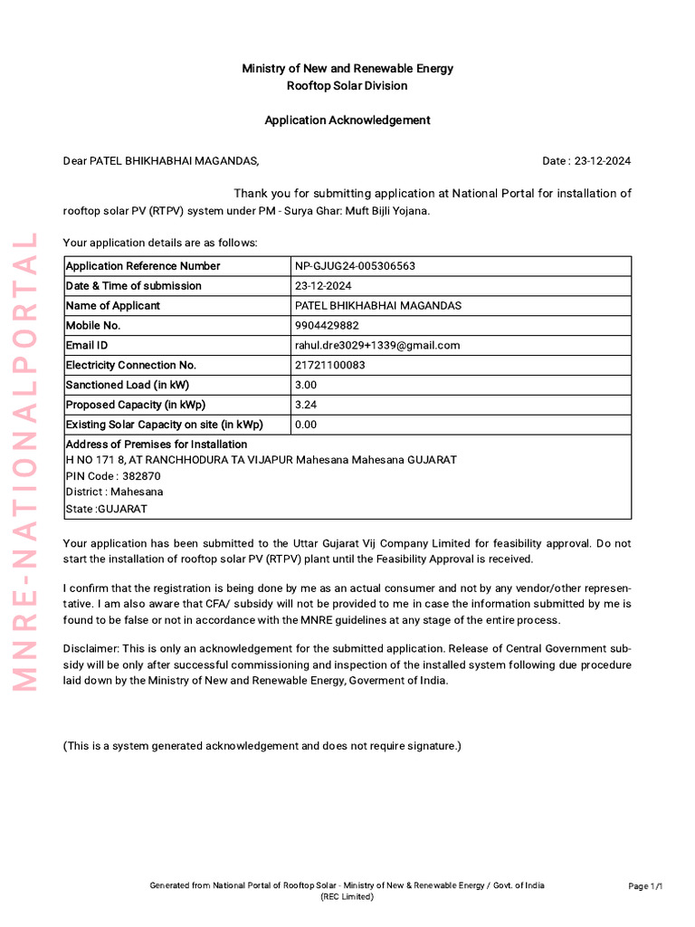 Rooftop Solar Application Acknowledgement | PDF | Solar Energy ...