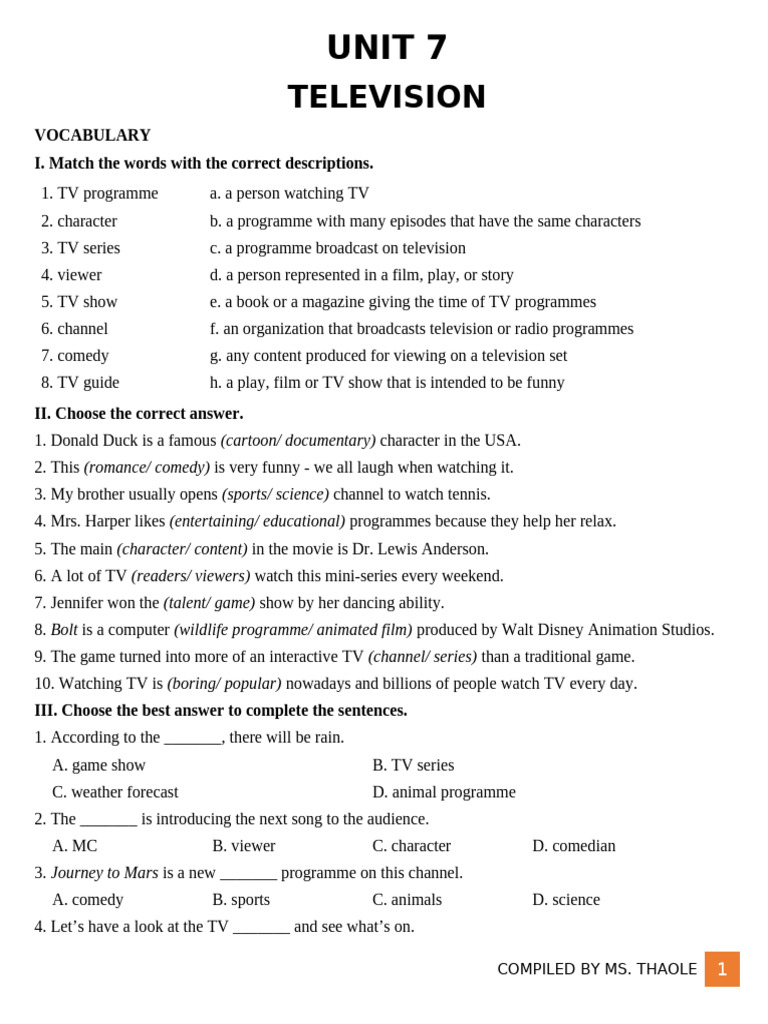 TV Vocabulary and Grammar Exercises | PDF | Television | Animation