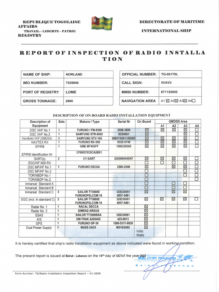 Report of Inspection of Radio Installation - ToGO - NORLAND | PDF