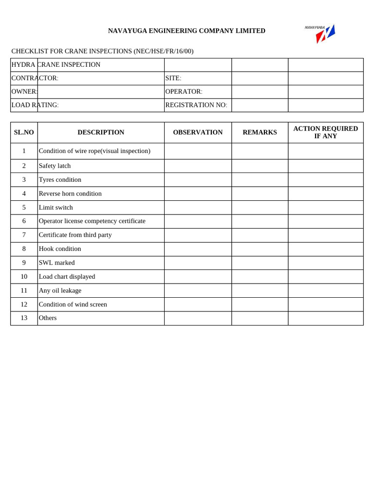 NEC Crane Inspection Checklist | PDF