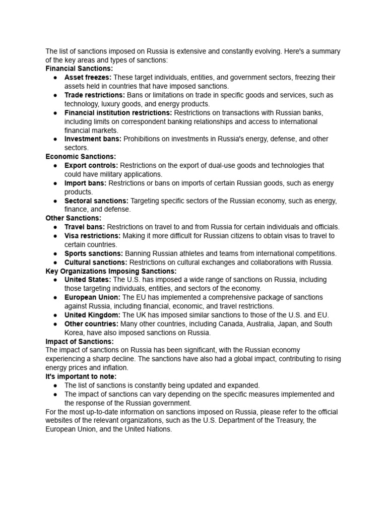 List of All The Sanctions Imposed On Russia | PDF | International ...