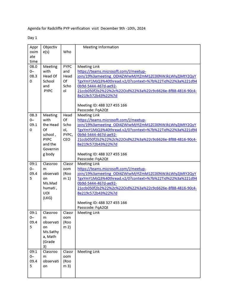 11th Nov Updated Agenda for Radcliffe PYP verification visit December 9th -10th, 2024 (1) | PDF
