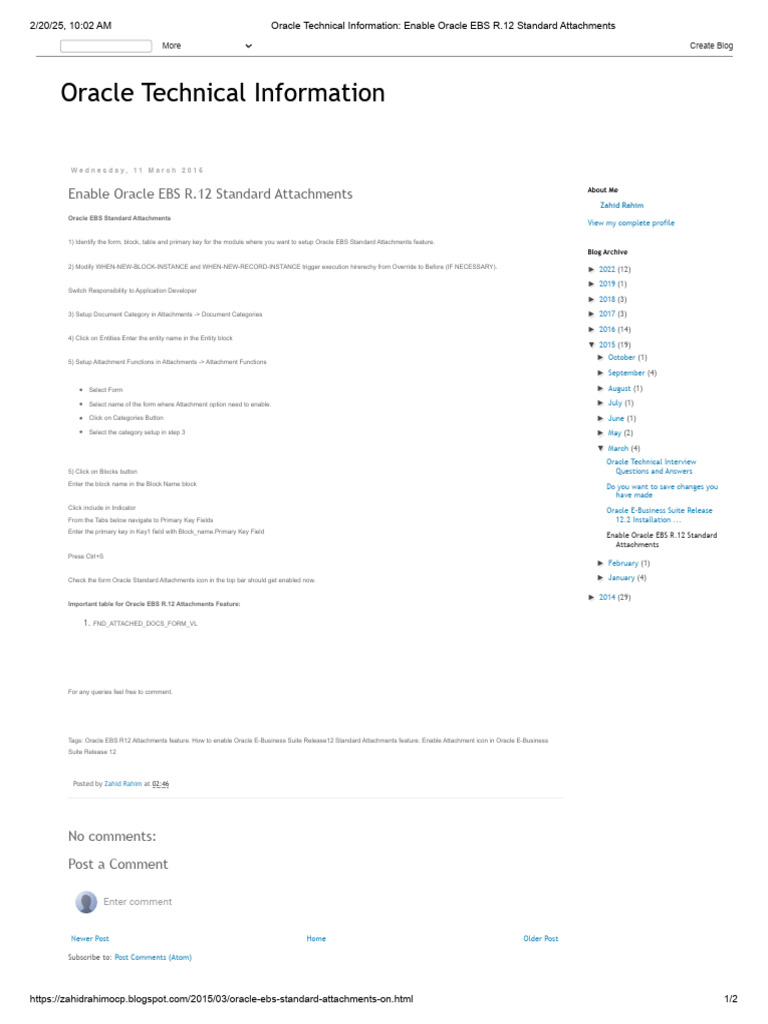Oracle Technical Information - Enable Oracle EBS R.12 Standard Attachments | PDF | Software ...