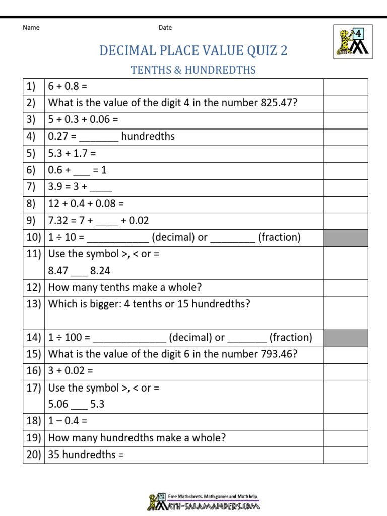 Decimal Place Value Quiz 2 | PDF