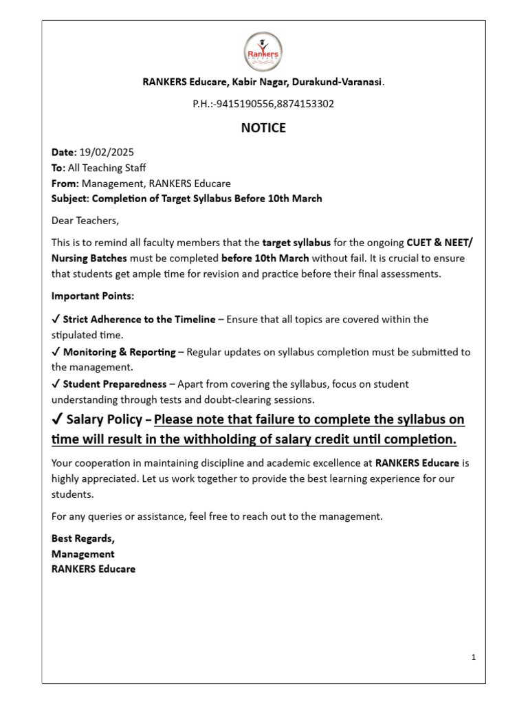 Teacher Notice: Syllabus Completion Deadline | PDF
