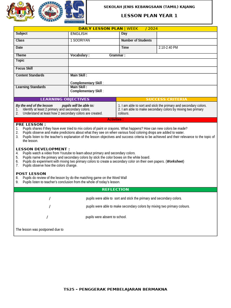 Year 1 English Lesson Plan: Colors | PDF | Color | Lesson Plan