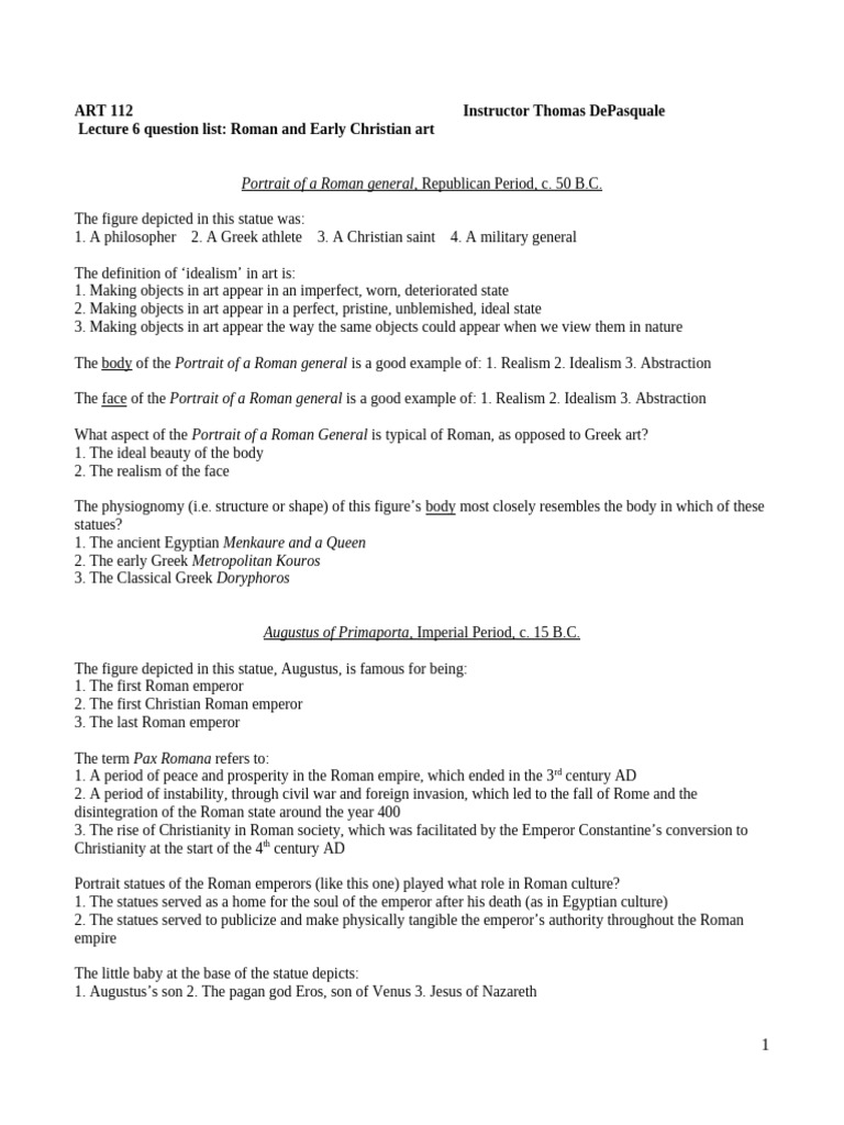 Art 112. Lecture 6 Question List Roman and Early Christian Art | PDF ...