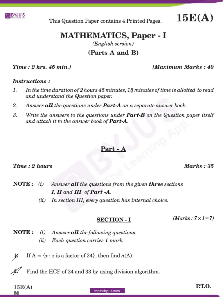 Telangana Board Class 10 Maths Paper 1 Previous Year Paper 2019 | PDF ...