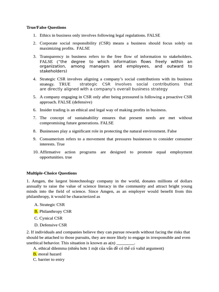 Quizz Chapter 4 Panh | PDF | Corporate Social Responsibility | Business