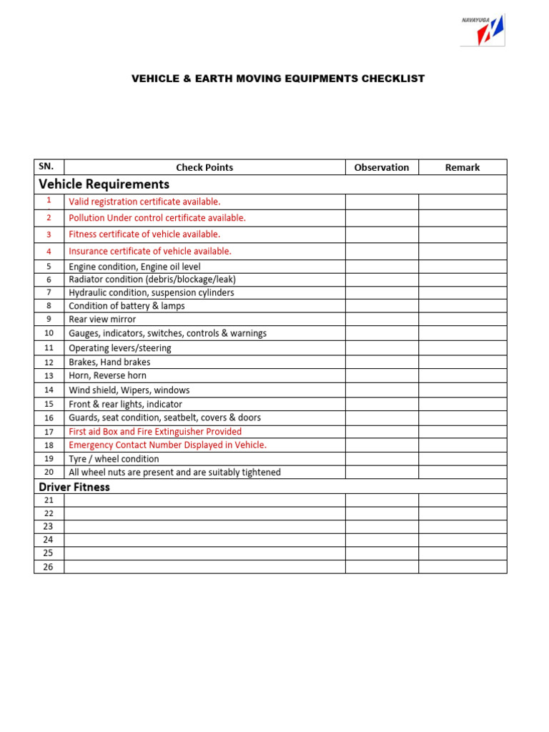 NEC-HSE-FR-27-00 - Vehicale & Earth Moving Equipments Checklist | PDF